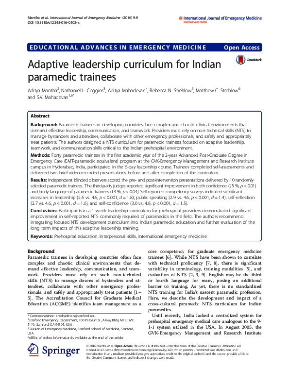(PDF) Adaptive leadership curriculum for Indian paramedic trainees