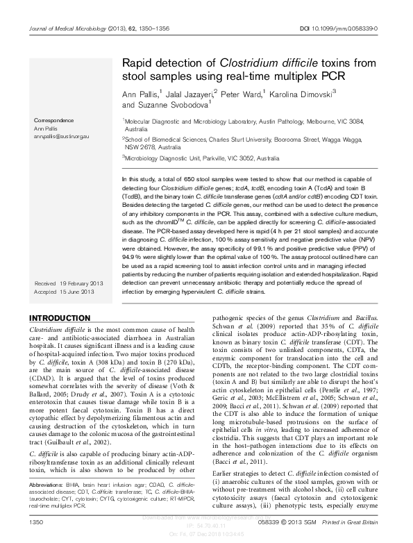 (PDF) Rapid detection of Clostridium difficile toxins from stool samples using real-time ...