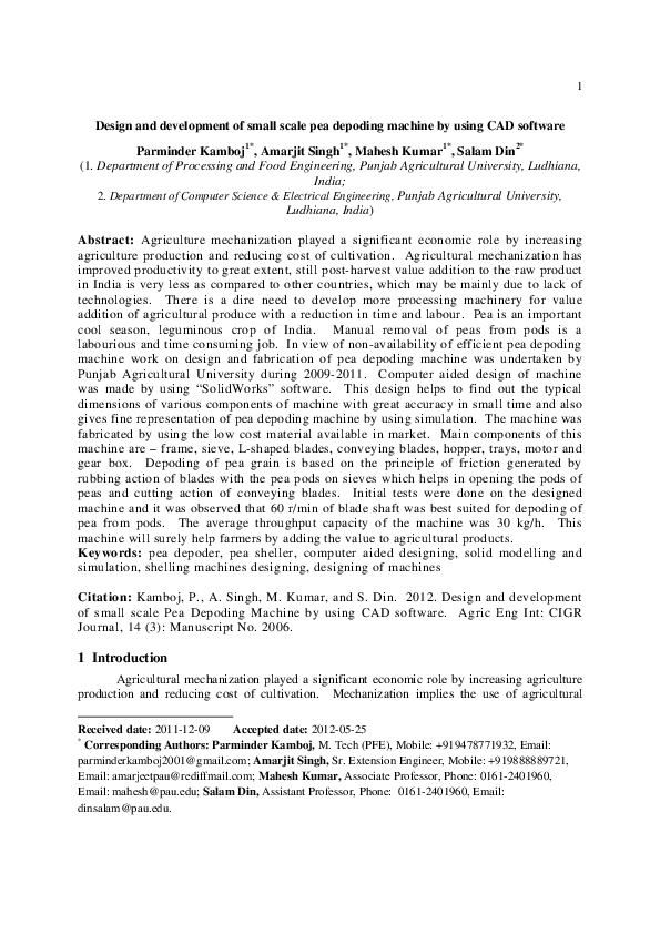 (PDF) Design and development of small scale pea depoding machine by ...