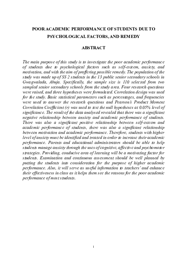 (PDF) POOR ACADEMIC PERFORMANCE OF STUDENTS DUE TO PSYCHOLOGICAL ...