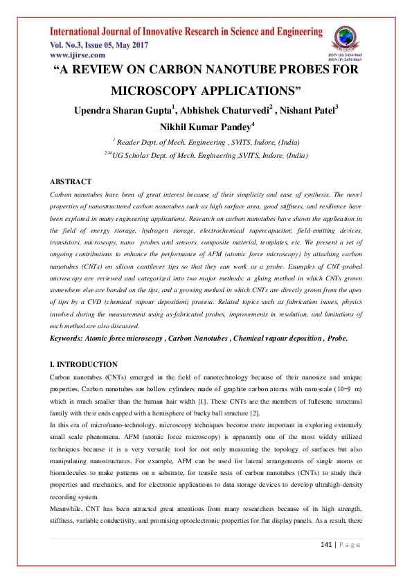 (PDF) “ a Review on Carbon Nanotube Probes for Microscopy Applications ” | upendra gupta ...