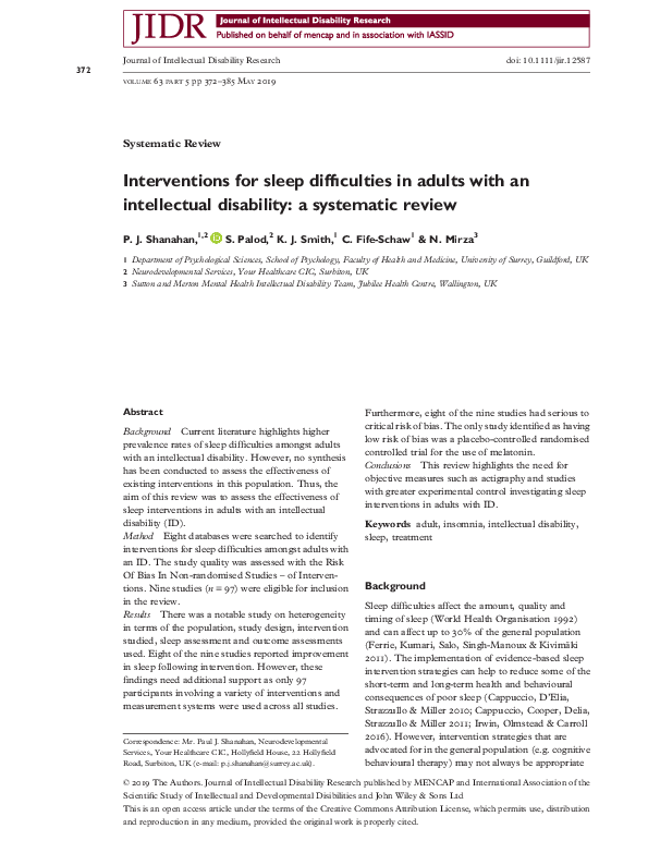 (PDF) Interventions for sleep difficulties in adults with an ...