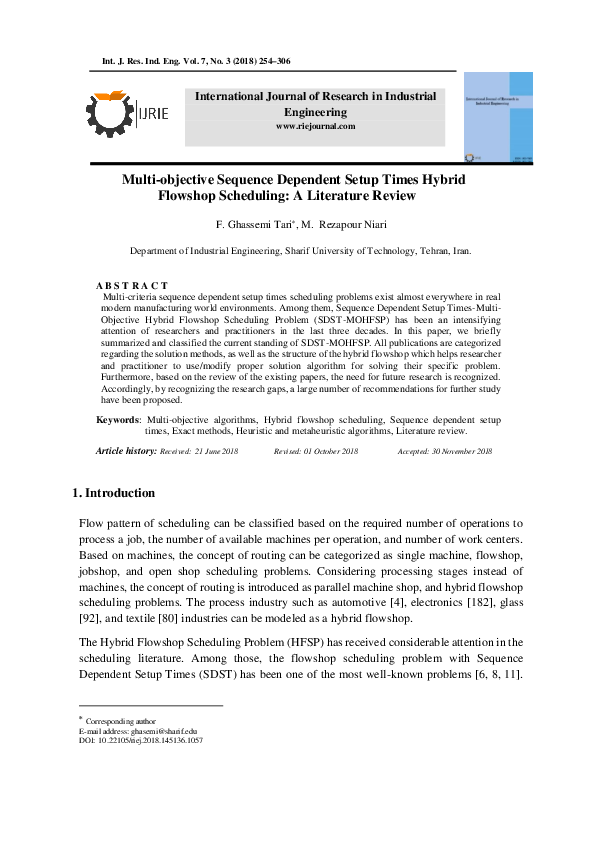 Pdf Multi Objective Sequence Dependent Setup Times Hybrid Flowshop Scheduling A Literature