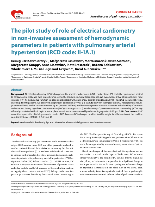 (PDF) The pilot study of role of electrical cardiometry in non-invasive ...
