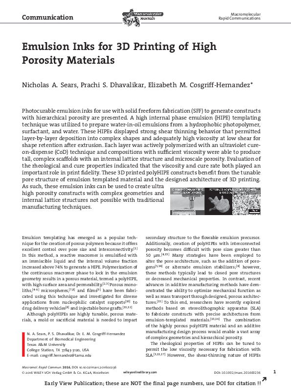 (PDF) Emulsion Inks for 3D Printing of High Porosity Materials