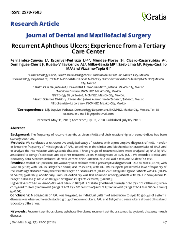 (PDF) Recurrent Aphthous Ulcers: Experience from a Tertiary Care Center