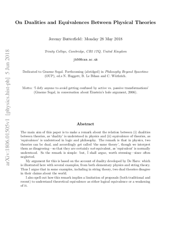 (PDF) On Dualities and Equivalences Between Physical Theories