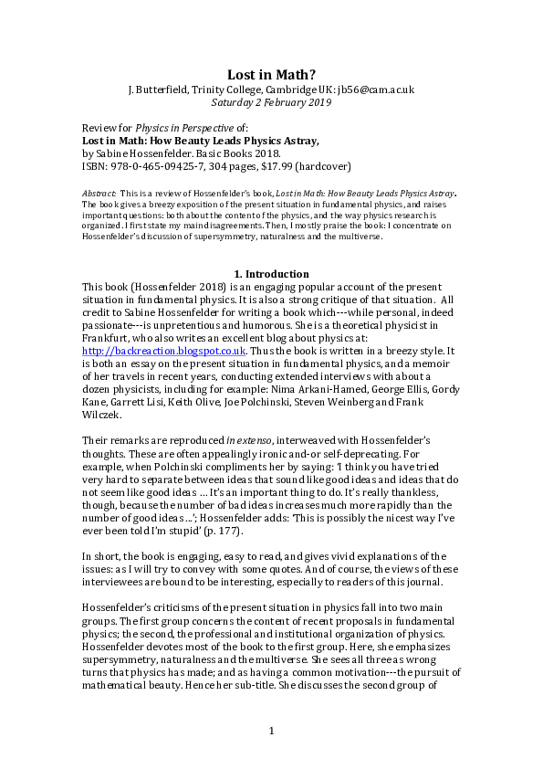 (PDF) Lost in Math? A review of 'Lost in Math: How Beauty Leads Physics ...