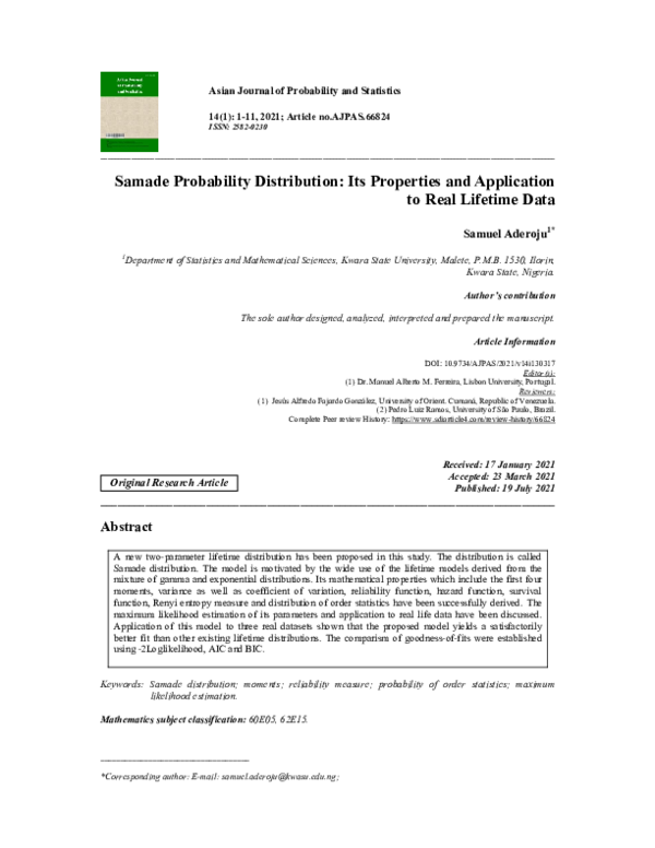 (PDF) Samade Probability Distribution: Its Properties and Application to Real Lifetime Data