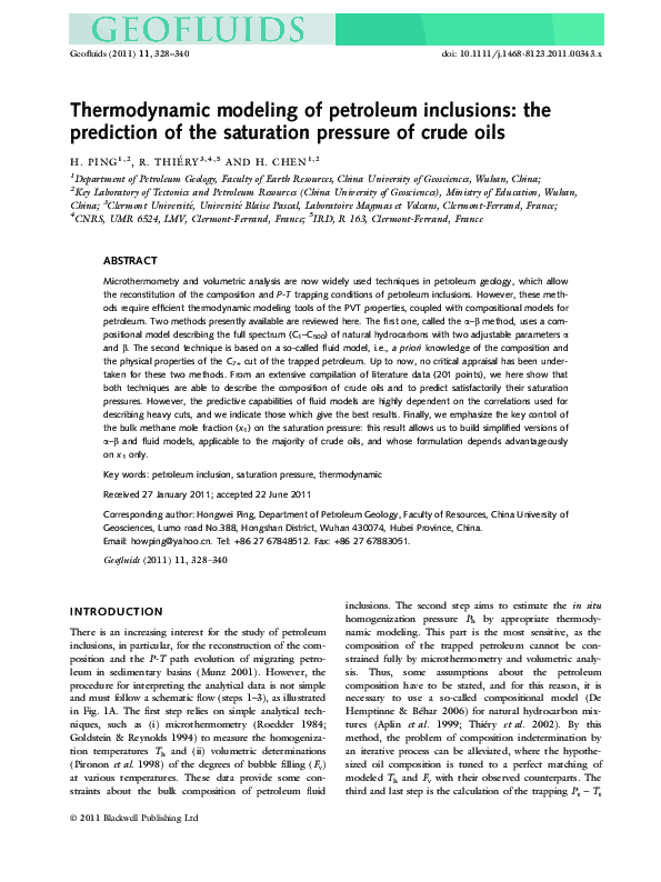 (PDF) Thermodynamic modeling of petroleum inclusions: the prediction of ...