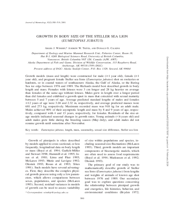 (PDF) Growth in Body Size of the Steller Sea Lion (Eumetopias Jubatus)
