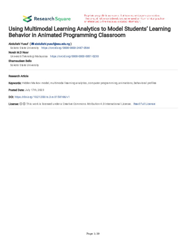 (PDF) Using Multimodal Learning Analytics to Model Students’ Learning Behavior in Animated ...
