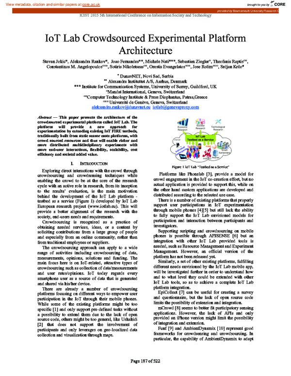 (PDF) IoT Lab Crowdsourced Experimental Platform Architecture