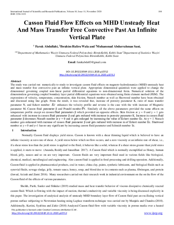 (PDF) Casson Fluid Flow Effects on MHD Unsteady Heat And Mass Transfer ...