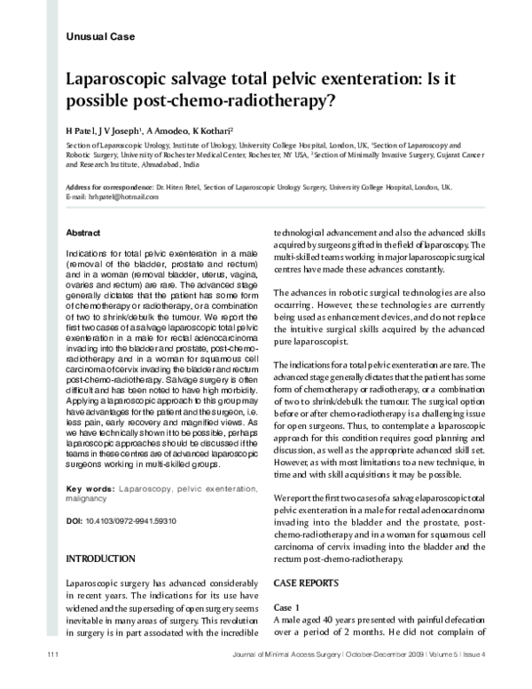 (PDF) Laparoscopic salvage total pelvic exenteration: Is it possible post-chemo-radiotherapy?