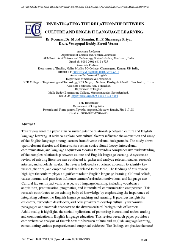 (PDF) INVESTIGATING THE RELATIONSHIP BETWEEN CULTURE AND ENGLISH LANGUAGE LEARNING