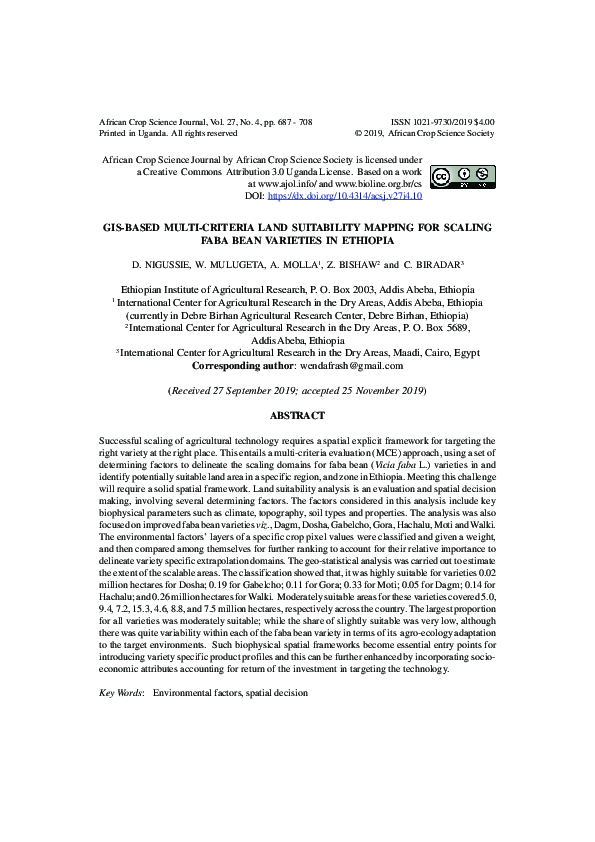 (PDF) GIS-Based multi-criteria land suitability mapping for scaling faba bean varieties in Ethiopia