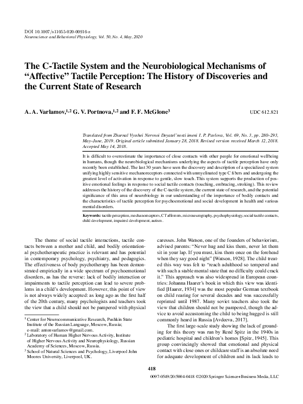 (PDF) The C-Tactile System and the Neurobiological Mechanisms of “Affective” Tactile Perception ...