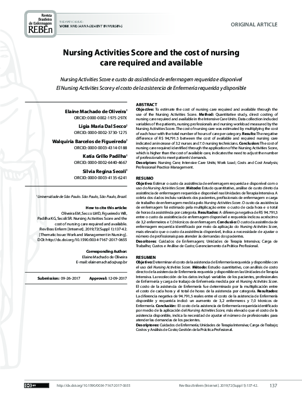 (PDF) Nursing Activities Score and the cost of nursing care required and available