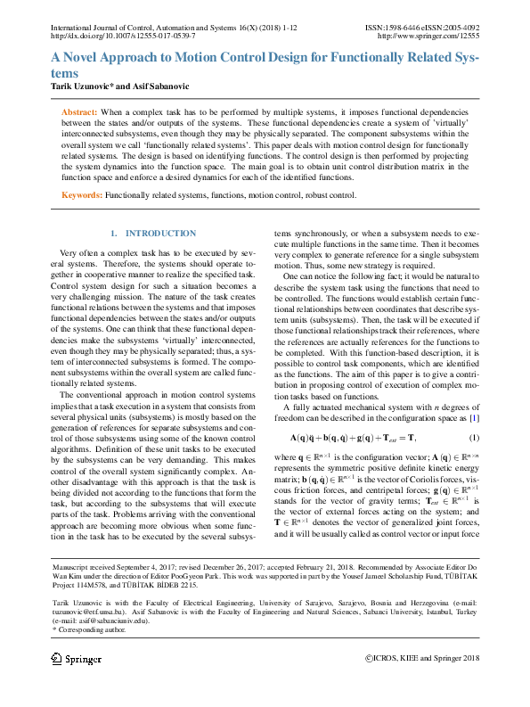 (PDF) A Novel Approach to Motion Control Design for Functionally ...