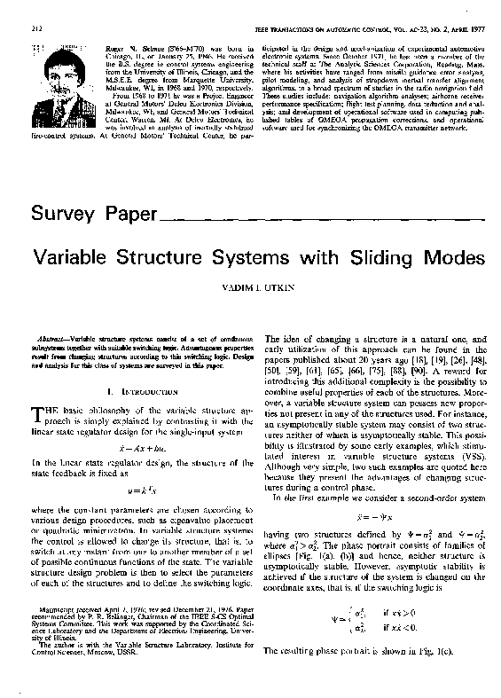 Pdf Variable Structure Systems With Sliding Modes In Motion Control—a