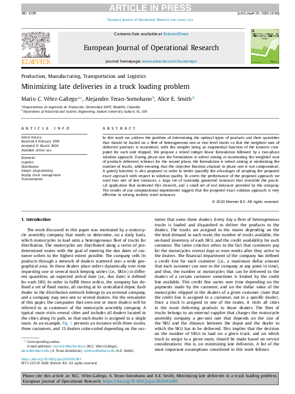 (PDF) Minimizing late deliveries in a truck loading problem