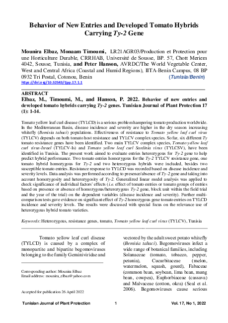 (PDF) Behavior of new entries and developed tomato hybrids carrying Ty-2 genes