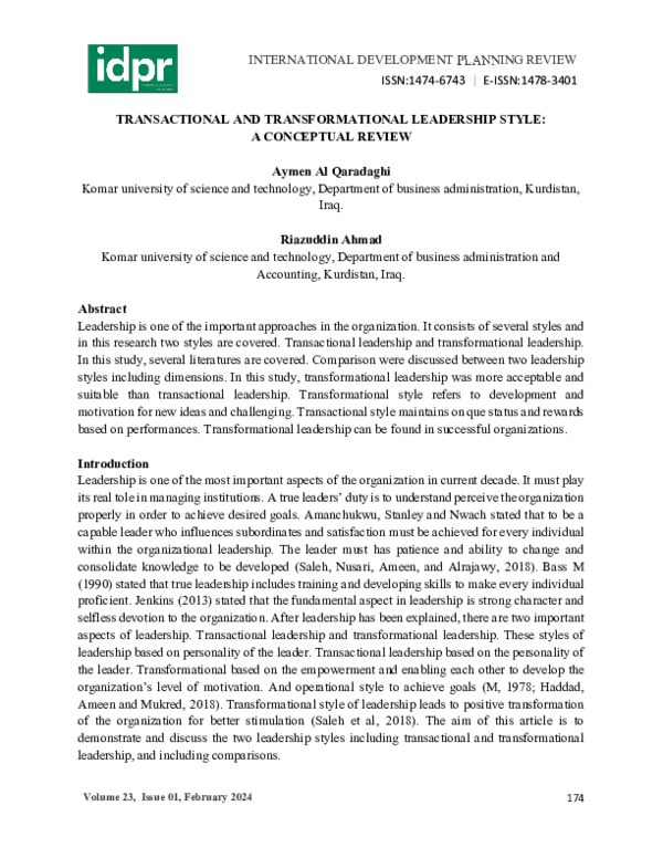 (PDF) TRANSACTIONAL AND TRANSFORMATIONAL LEADERSHIP STYLE: A CONCEPTUAL REVIEW