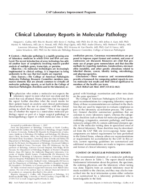 (PDF) Clinical laboratory reports in molecular pathology