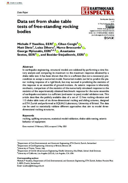 (PDF) Data set from shake table tests of free-standing rocking bodies