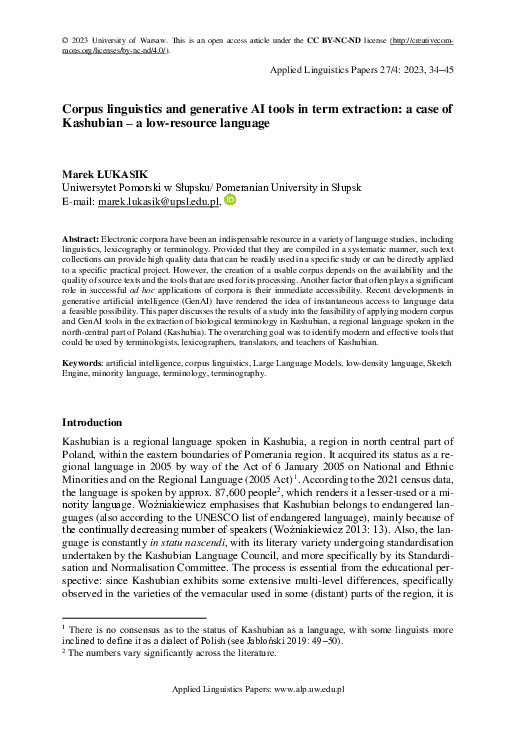 (PDF) Corpus linguistics and generative AI tools in term extraction: a case of Kashubian - a low ...