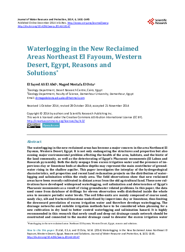 (PDF) Waterlogging in the New Reclaimed Areas Northeast El Fayoum ...