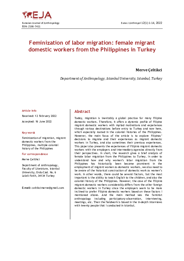 (PDF) Feminization of labor migration: female migrant domestic workers from the Philippines in ...
