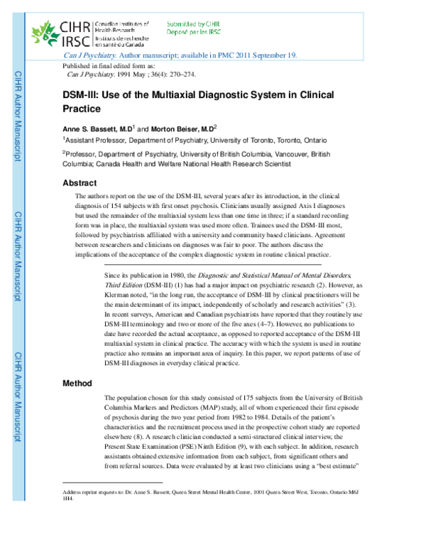 (PDF) DSM-III: Use of the Multiaxial Diagnostic System in Clinical Practice*