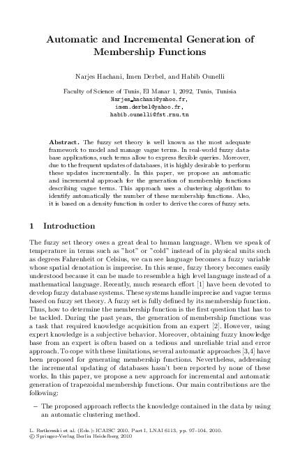 (PDF) Automatic and Incremental Generation of Membership Functions