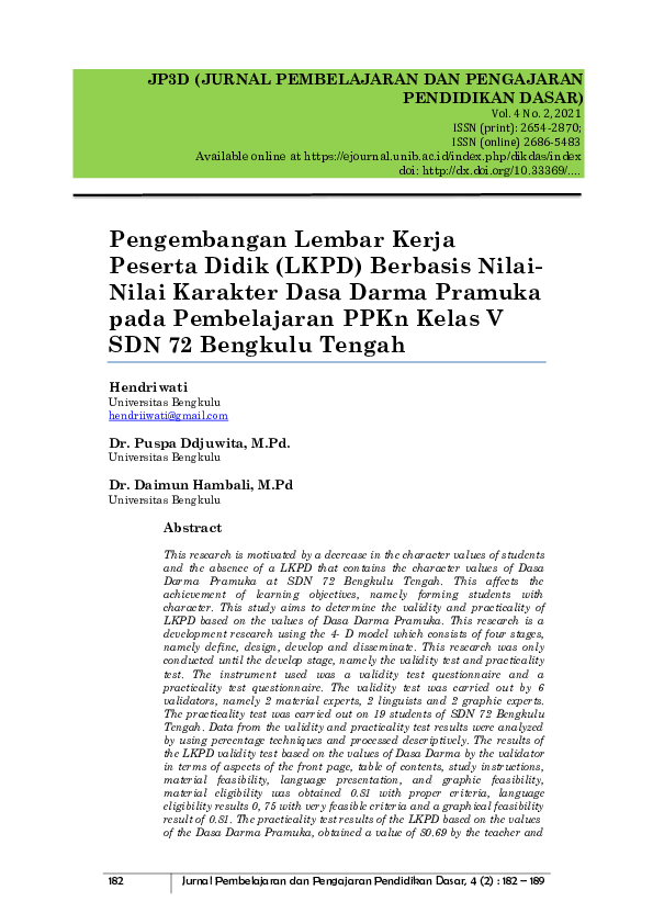 (PDF) Pengembangan Lembar Kerja Peserta Didik (LKPD) Berbasis Nilai-Nilai Karakter Dasa Darma ...