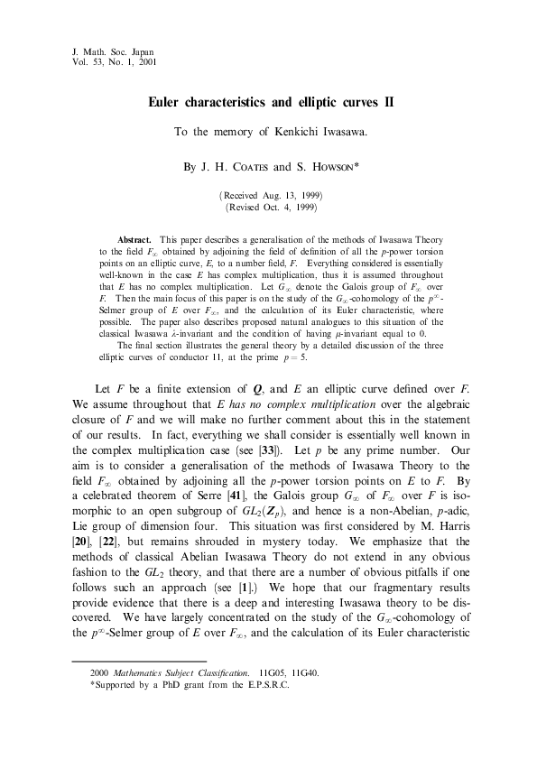 (PDF) Euler characteristics and elliptic curves II | Susan Howson - Academia.edu