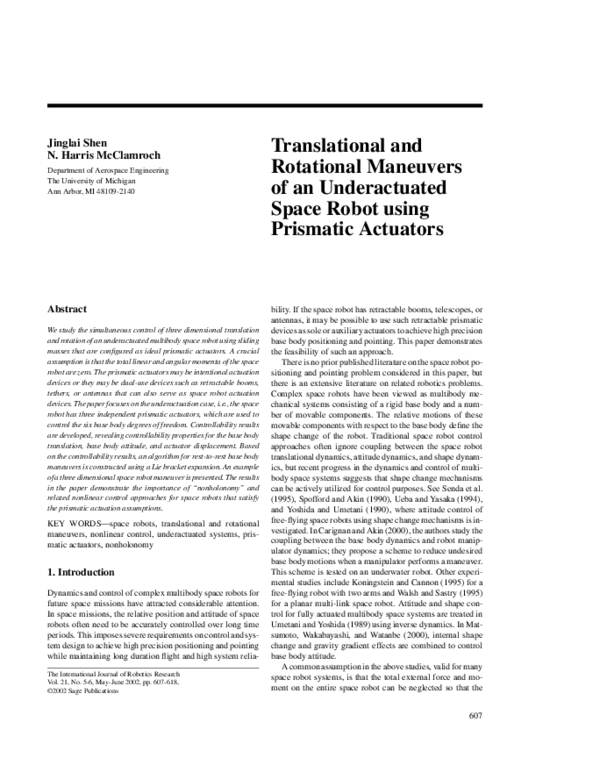 (PDF) Translational and Rotational Maneuvers of an Underactuated Space Robot using Prismatic ...