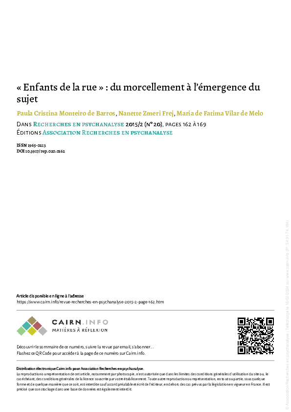 (PDF) « Enfants de la rue » : du morcellement à l’émergence du sujet
