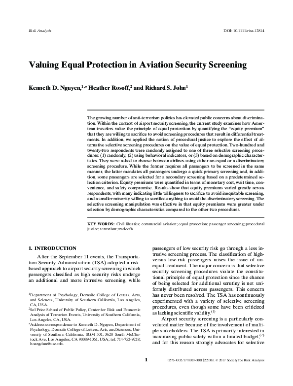 (PDF) Valuing Equal Protection in Aviation Security Screening