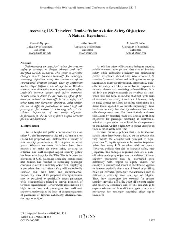 (PDF) Assessing U.S. Travelers Trade-offs for Aviation Safety ...