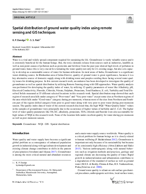 (PDF) Spatial distribution of ground water quality index using remote sensing and GIS techniques