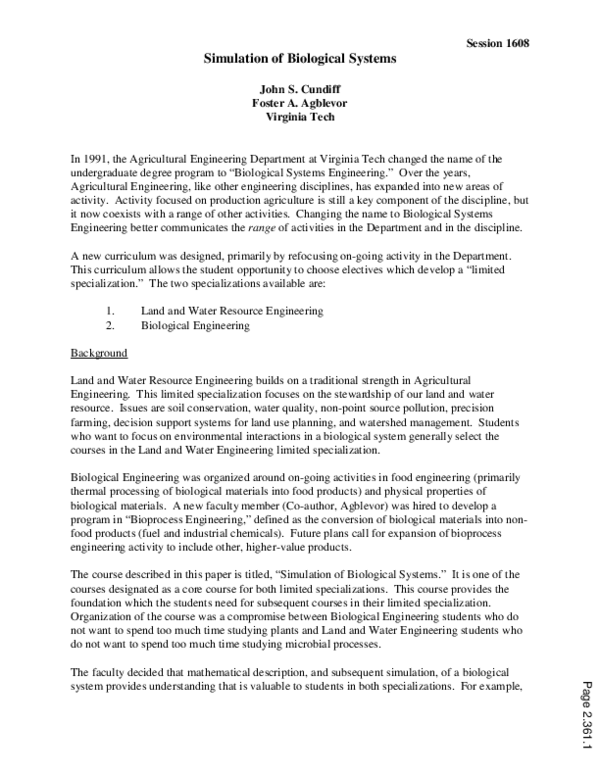 Pdf Simulation Of Biological Systems