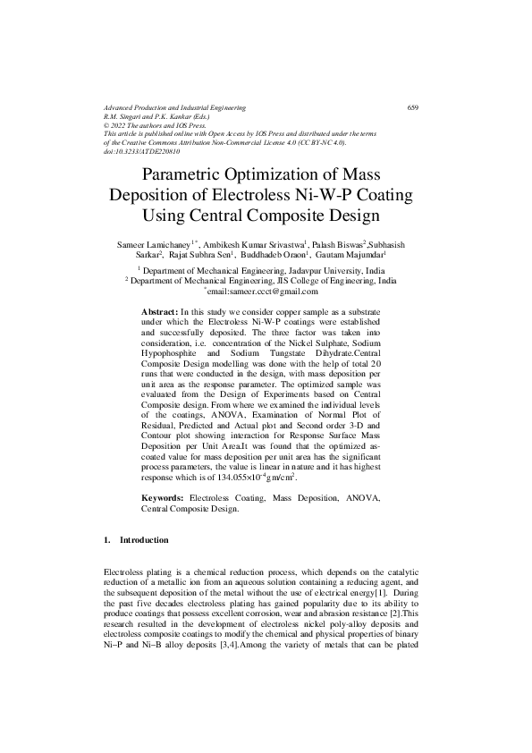 (PDF) Parametric Optimization of Mass Deposition of Electroless Ni-W-P Coating Using Central ...