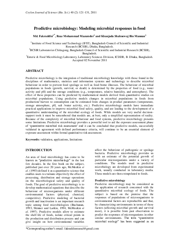 (PDF) Predictive microbiology: Modeling microbial responses in food ...