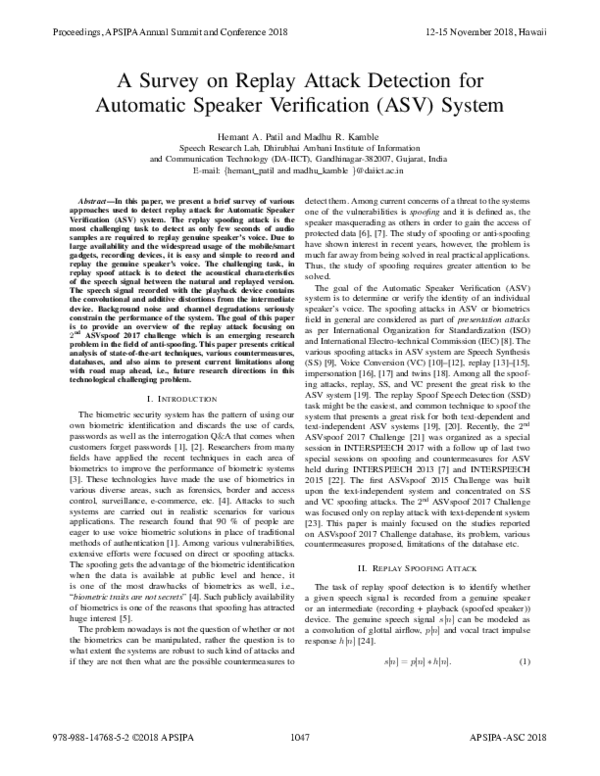 (PDF) A Survey on Replay Attack Detection for Automatic Speaker Verification (ASV) System
