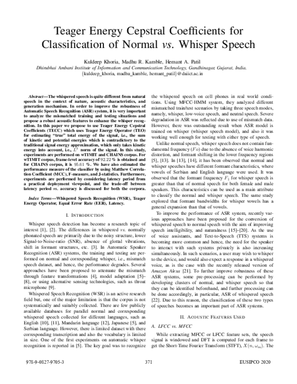 (PDF) Teager Energy Cepstral Coefficients for Classification of Normal vs. Whisper Speech