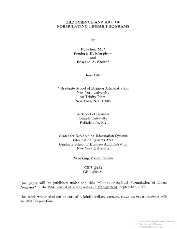 Pdf The Science And Art Of Formulating Linear Programs