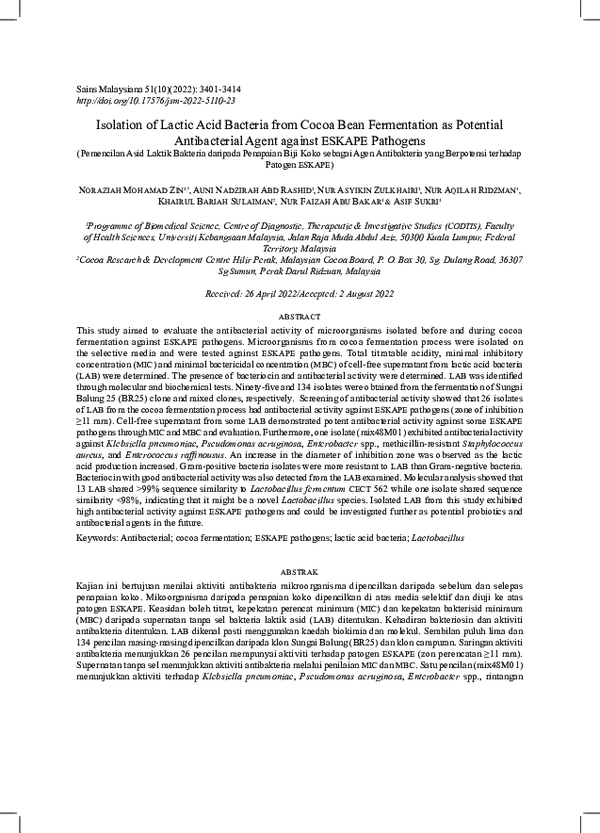 (PDF) Isolation of Lactic Acid Bacteria from Cocoa Bean Fermentation as Potential Antibacterial ...