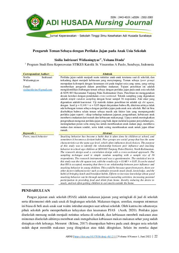 (PDF) Pengaruh Teman Sebaya dengan Perilaku Jajan pada Anak Usia Sekolah